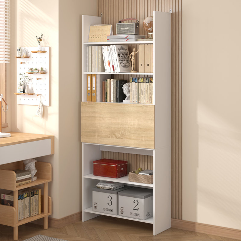 Brayden Studio Modern Ladder Style Bookshelf With Drop Down Desk And Adjustable Shelves Multi Functional Study Space With Hidden Storage Wayfair